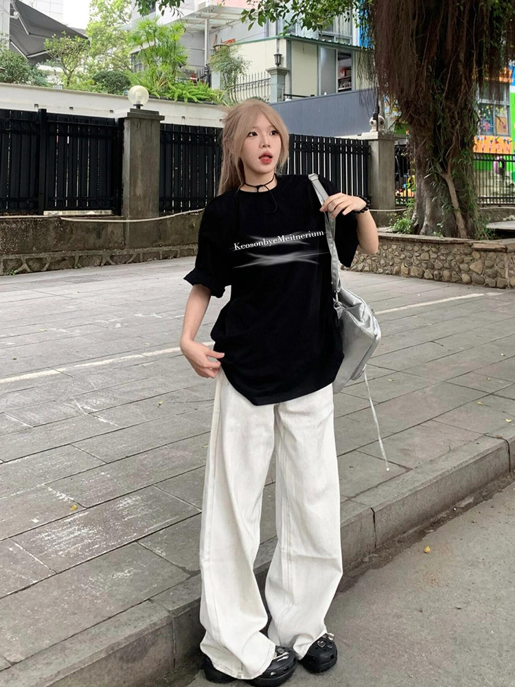 American high street brand black short-sleeved women's T-shirt summer ...