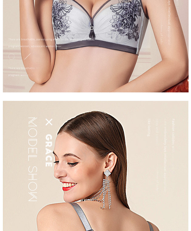 Slim Yan counter's same style embroidered ink big breasts show small push up thin bra breathable ...