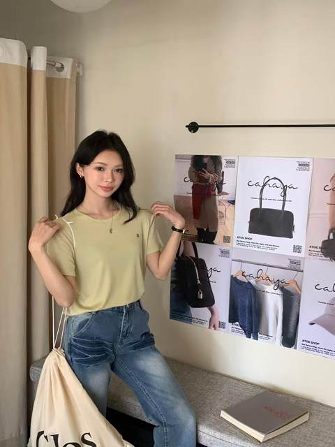 Runxi 8214-5 genuine A100-day silk wool round neck lamb embroidered short-sleeved T-shirt for ...