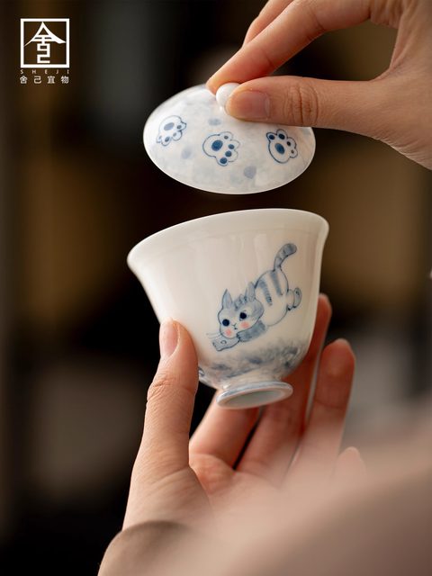 Jade Ni hand-painted cat fun official hat cover bowl tea cup single ...