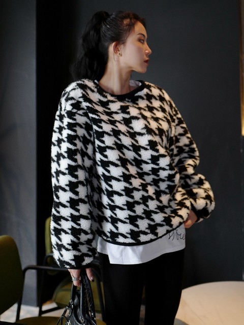 MOONA Houndstooth Plush Velvet Thickened Sweatshirt 2025 Autumn and ...