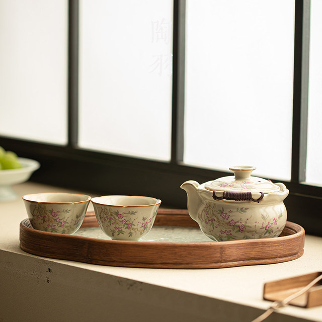 Beige Ru kiln hand-caught pot large covered bowl tea cup tea tray anti ...