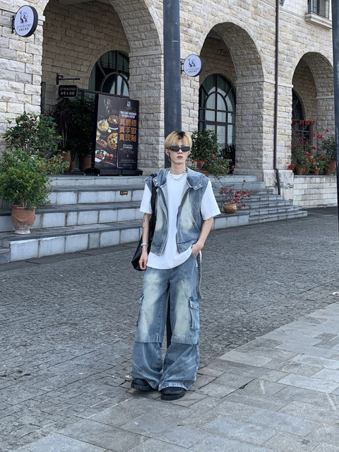 Uncle Med wash blue design retro old denim vest jacket press pleated ...