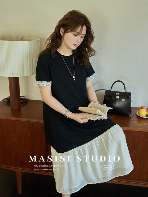 Maxixi large size women's contrasting color splicing mid-length dress summer fat mm slimming ...