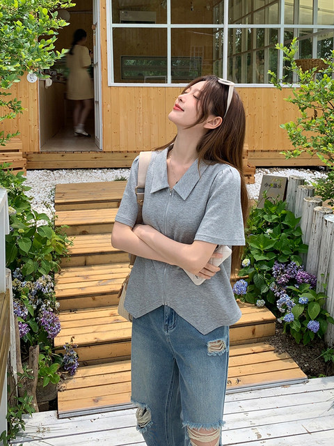 Maxixi Fat mm design zippered shoulder short-sleeved T-shirt summer ...