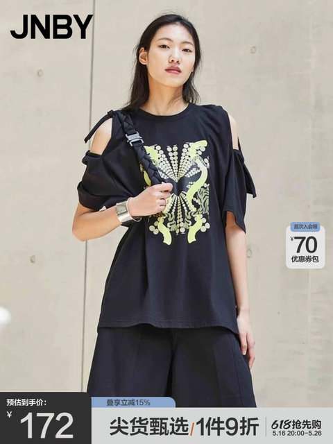 JNBY/Gangnam Buyi Outlets Summer Round Neck T-shirt Off-shoulder Bow Print
