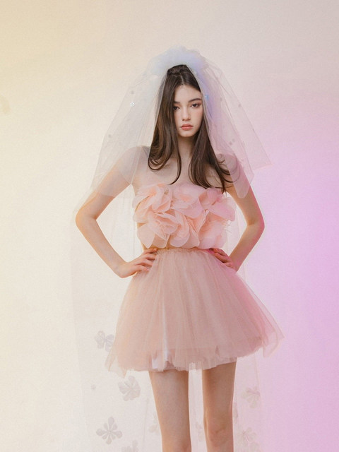 BloominGirls 2024AW original new pink tube top dress three-dimensional flower semi-transparent ...