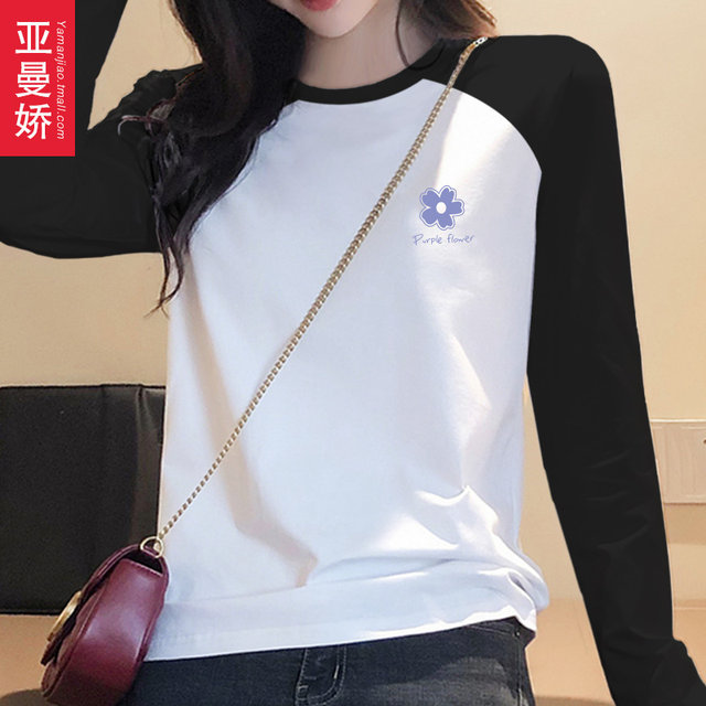 2025 New Pure Cotton Raglan Color Block Long Sleeve T-Shirt Women's ...