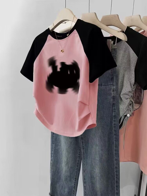 Pure cotton right shoulder raglan color-blocked short-sleeved T-shirt ...