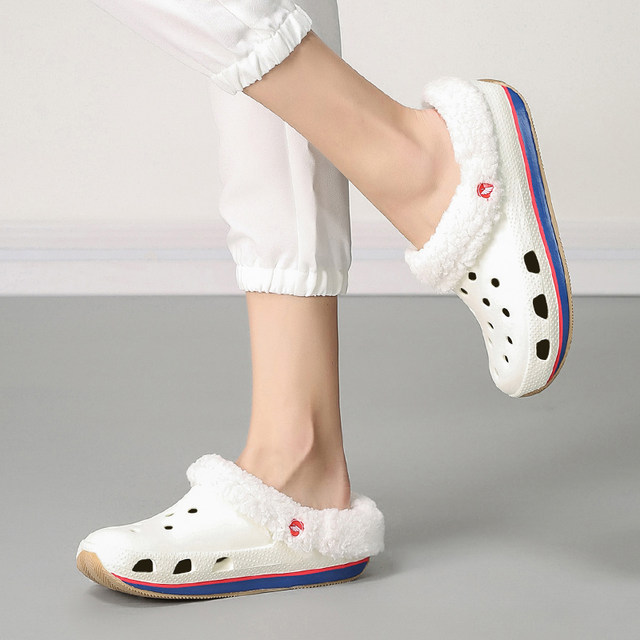 Autumn and winter plush plus velvet Crocs women's tendon bottom non ...