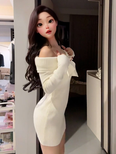 Elegant and Sexy Off-Shoulder Apricot Knit Dress 2025 New Early Autumn ...