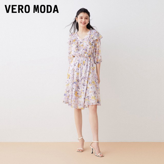 VeroModa dress 2024 autumn and winter new style elegant and sweet print versatile ruffles three ...