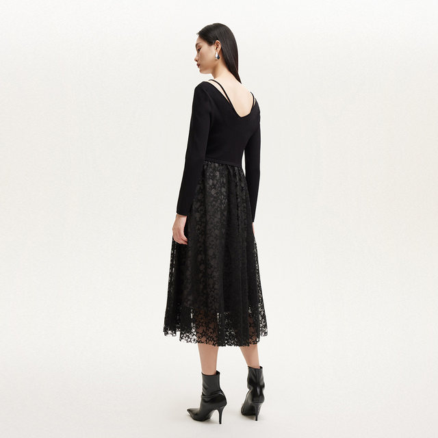 VeroModa dress women's 2024 autumn new V-neck lace splicing knitted long skirt fashionable and ...