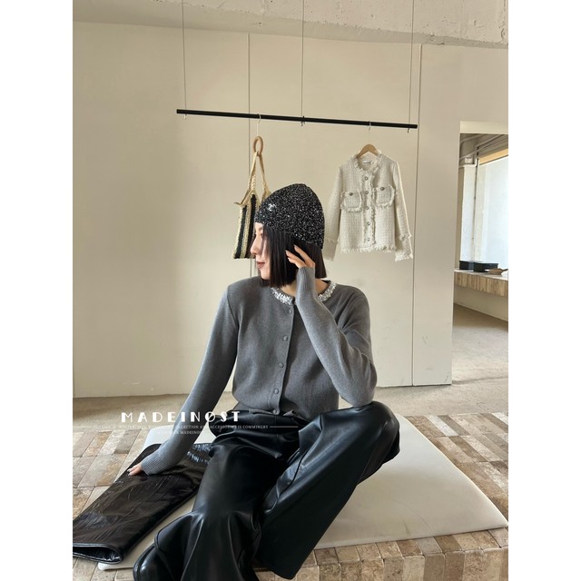 MADEINOST winter sweater cardigan celebrity style chic neckline sequin ...