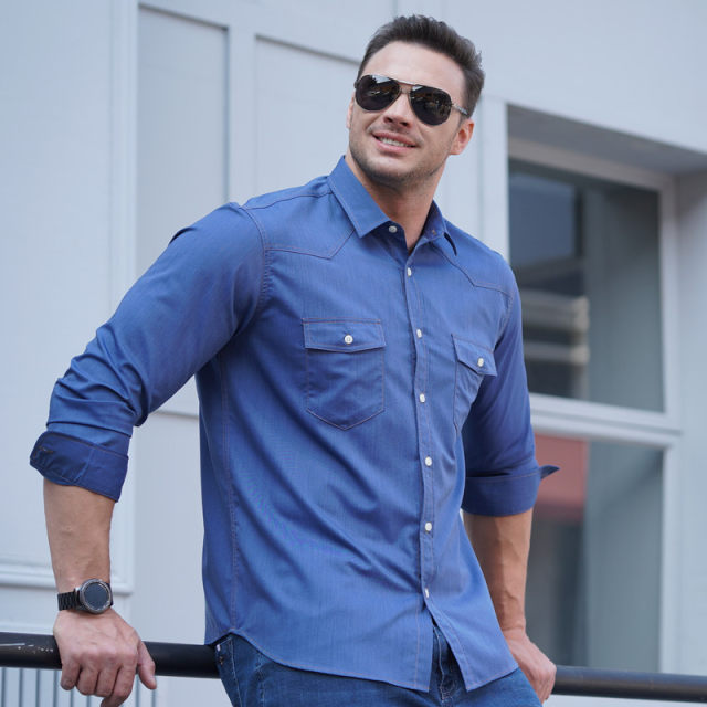 Large -size men's elastic denim long -sleeved shirt Fat guys spring and ...