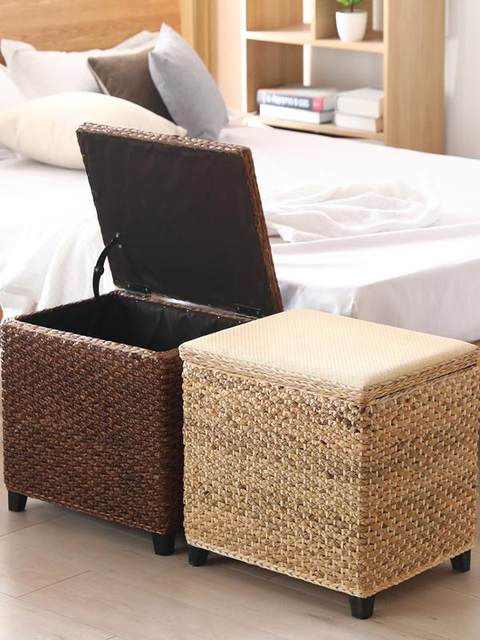 Straw rattan storage stool storage stool simple can sit on sofa bed end ...