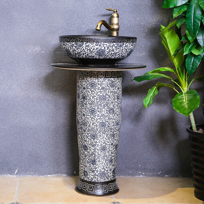 Balcony Ceramic Column Wash Basin Integrated Floor-Standing Art