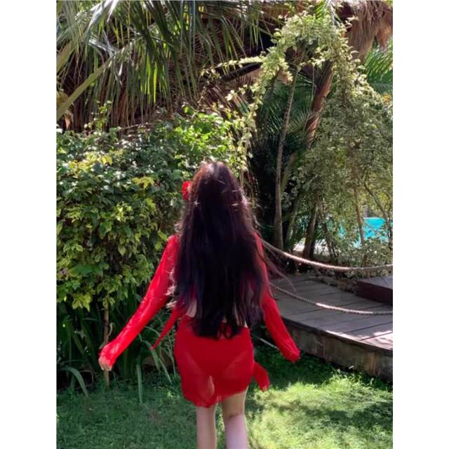 mosricci Pure Desire Big Red White Sexy Bikini Four-piece Set Swimsuit Women's Long Sleeve ...