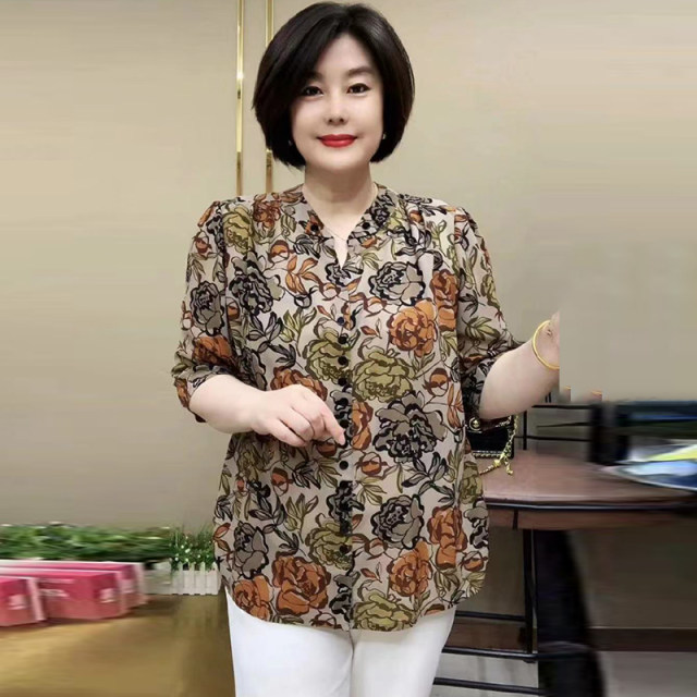 Summer Mid -Elderly Mom Seven -point Sleeve Ice Tie Shirt Printing ...
