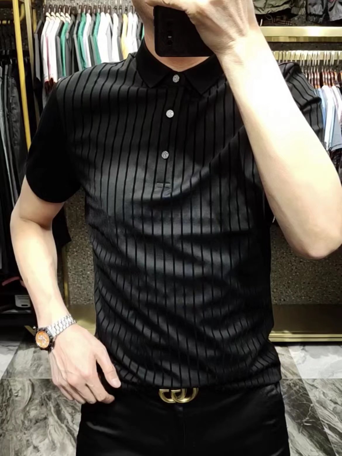 818 men's summer European fashion flocking lapel half-sleeved new ...