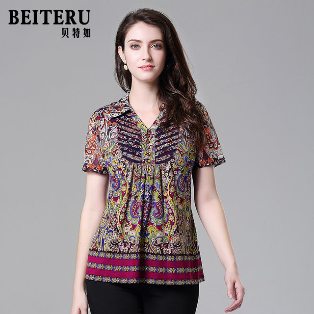 Betru T-shirt Summer New Women's Short Sleeve Retro Print Mom's Casual ...