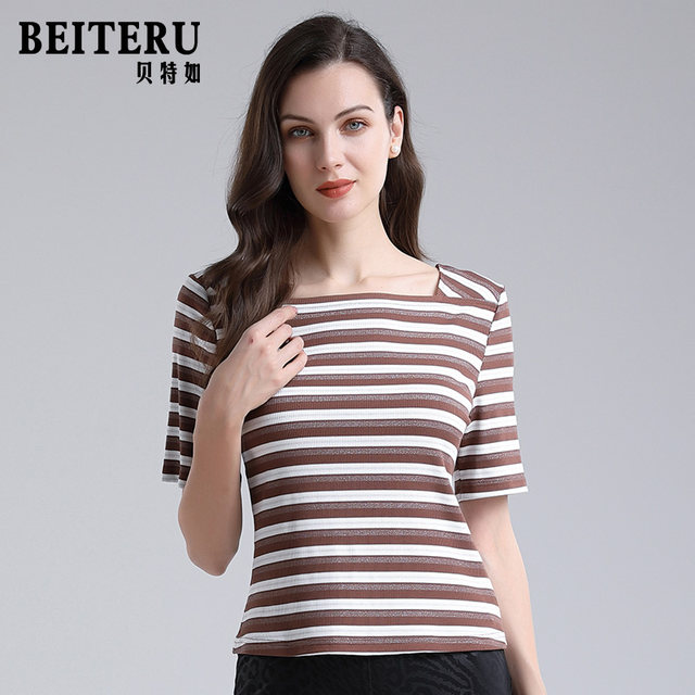 Betru counter genuine middle-aged women's striped T-shirt summer short ...