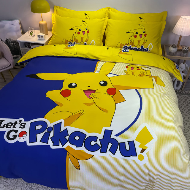 Children's Pikachu bed four-piece set pure cotton boys' bed sheets and ...
