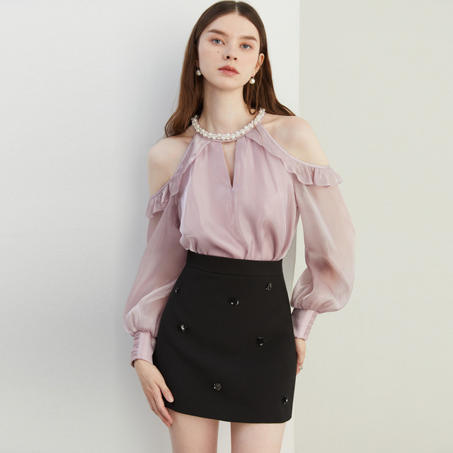 DPLAY 2025 spring pink off-shoulder long-sleeved beaded chiffon shirt ...