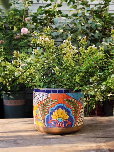 Handmade ceramic mosaic flower pot indoors, red and green planting ...