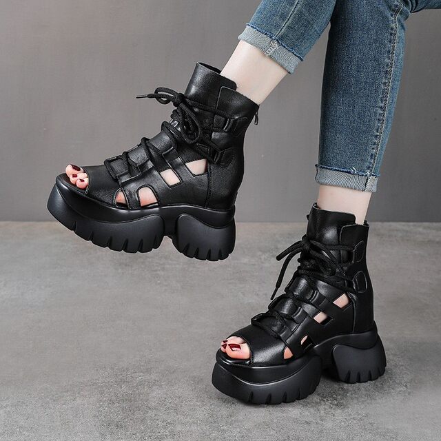 Roman genuine leather inner heightening 9CM fish mouth sandals for ...