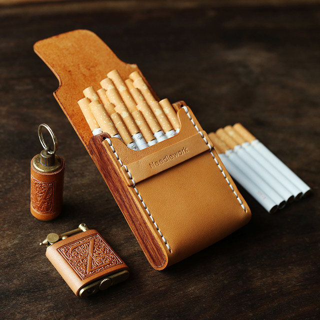 Two-needle and one-line handmade genuine leather cigarette box wooden ...