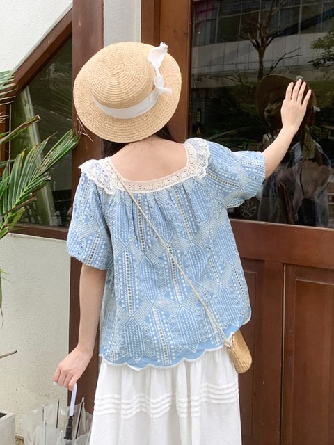 Xiaoyu Liangpin Japanese-Style Lace Collar Blue Short-Sleeve Shirt for ...