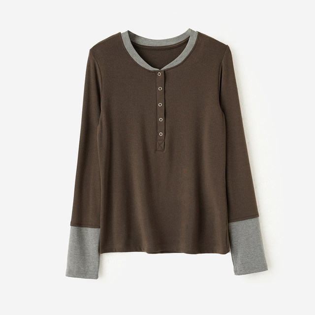 Ladies' contrasting fake bottoming shirt Henry leads long -sleeved thin ...