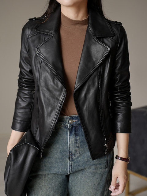 High-end washed soft sheepskin leather motorcycle jacket for women, short slim fit jacket ...