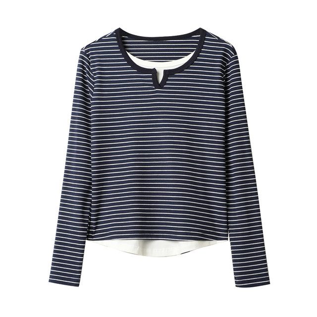 Navy Wind Ms. Thread Fake two -piece bottoming shirt round collar ...