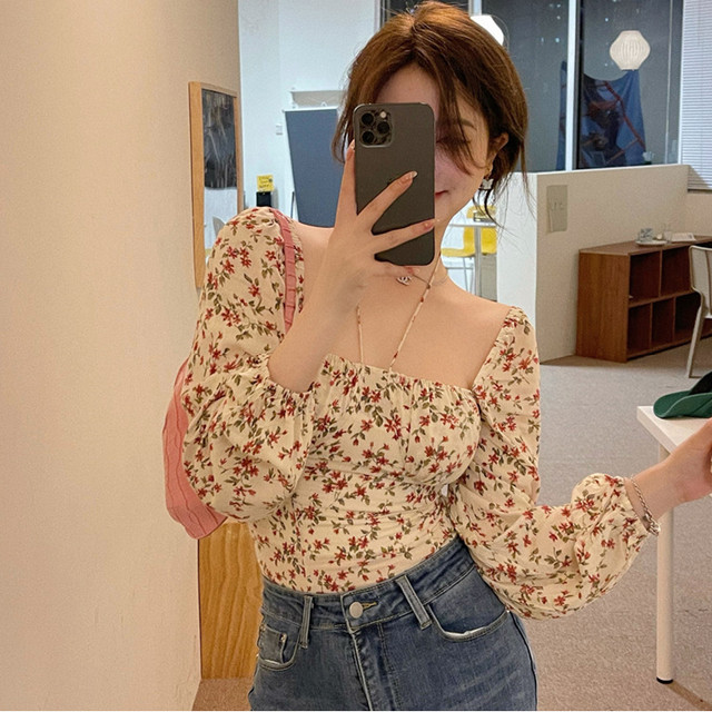 French Floral Square Collar Top Shirt Women's Design Niche Puff Sleeve ...