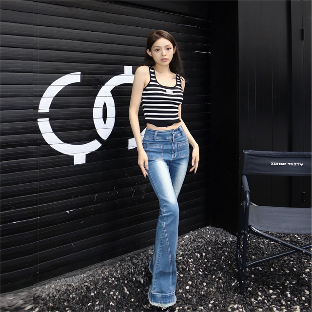 SHRO ENRO Spring and Summer New Brink Series Women's Washed Blue Micro-Roll Jeans 301469