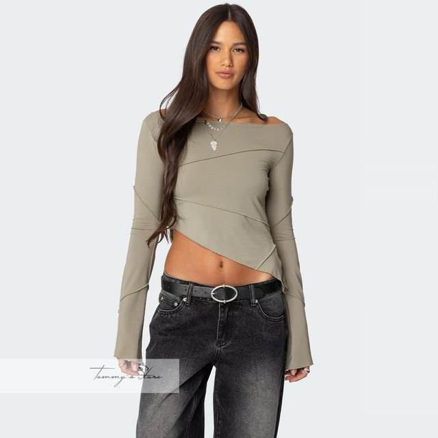 Tami Jiamei ED*K flat collar irregular hem long sleeve top D2-3