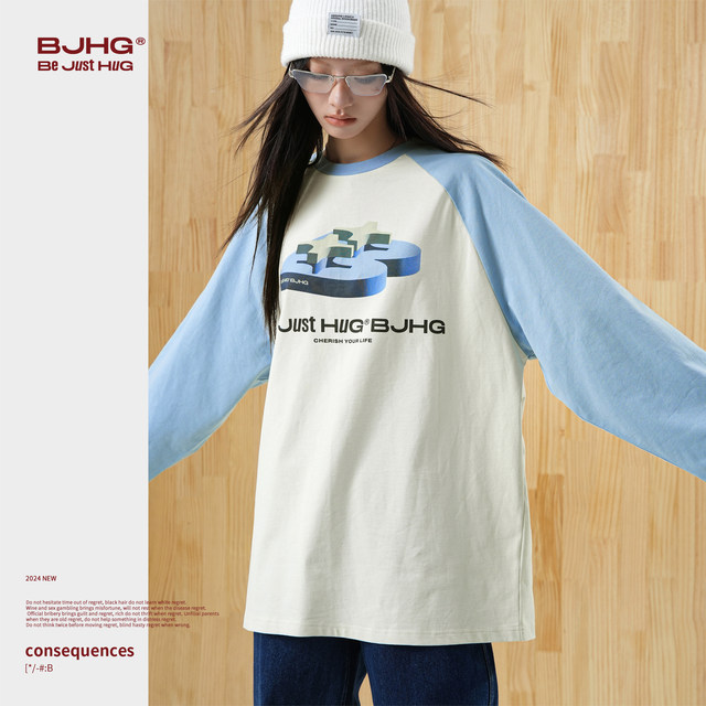 BJHG regardless of autumn contrast color raglan pure cotton round neck ...