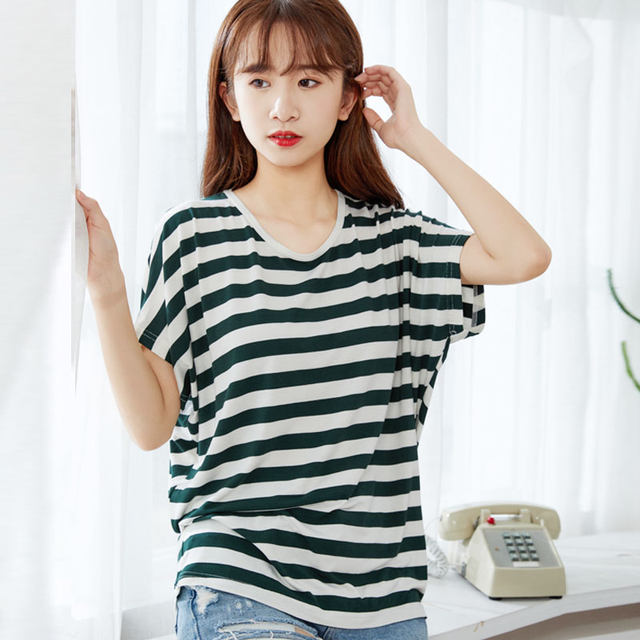 Loose large size modal striped T-shirt bat shirt short-sleeved top bat ...