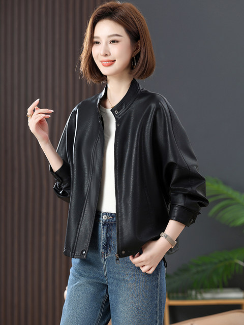 Haining leather jacket for women in spring and autumn stand collar ...