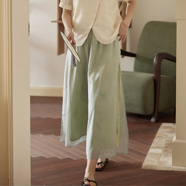 MIXABO New Chinese Style Bamboo Leaf Printed Wide Leg Pants Women's ...