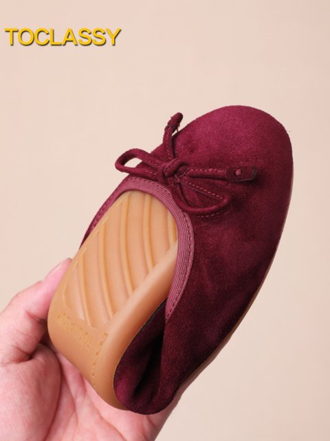 TOCLASSY burgundy 2025 matte leather bow ballet flat shoes egg roll ...