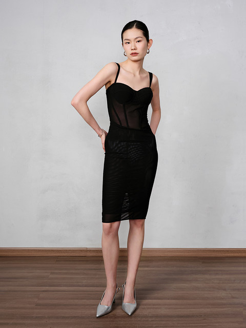 CORSELET mesh pleated fishbone corset banquet dress French waist slim ...