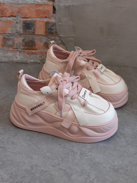 Spring genuine leather breathable pink thick-soled shoes for women 2025 ...