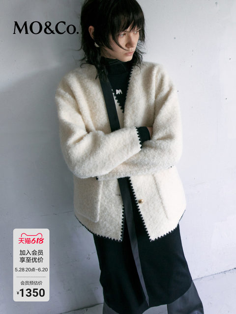 MOCO black and white bumper V-neck loose mid-length wool coat French jacket coat Moanke