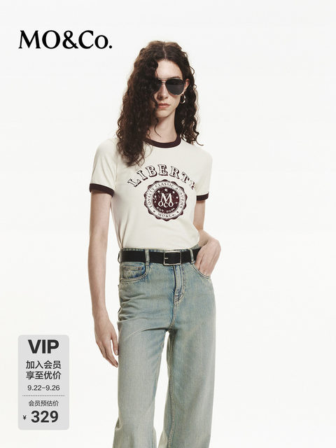 Moco Short-Sleeved T-Shirt American Style Contrasting Edge Round Neck ...