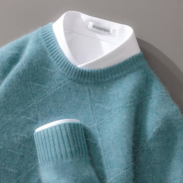 100% pure cashmere sweater round neck men's rhombus jacquard pullover thickened sweater loose ...