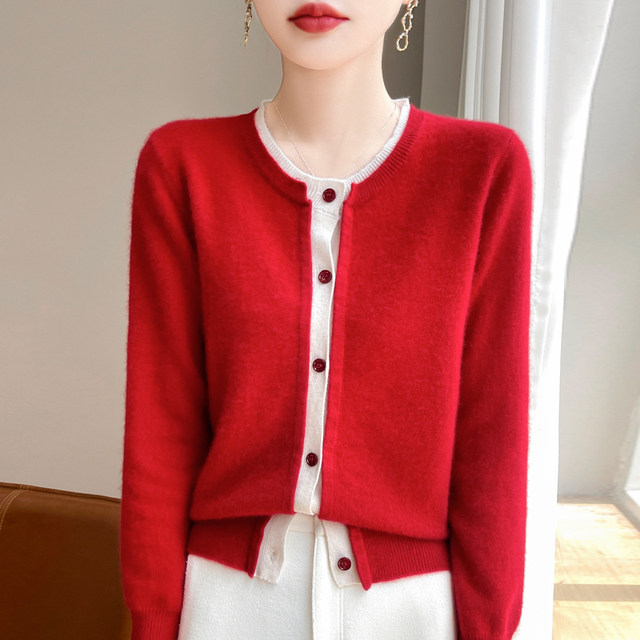 100% pure cashmere fake two-piece cardigan for women color-blocked ...