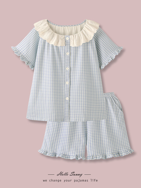{Sound of Sea Salt} Checkered sweet pure cotton pajamas for women's ...